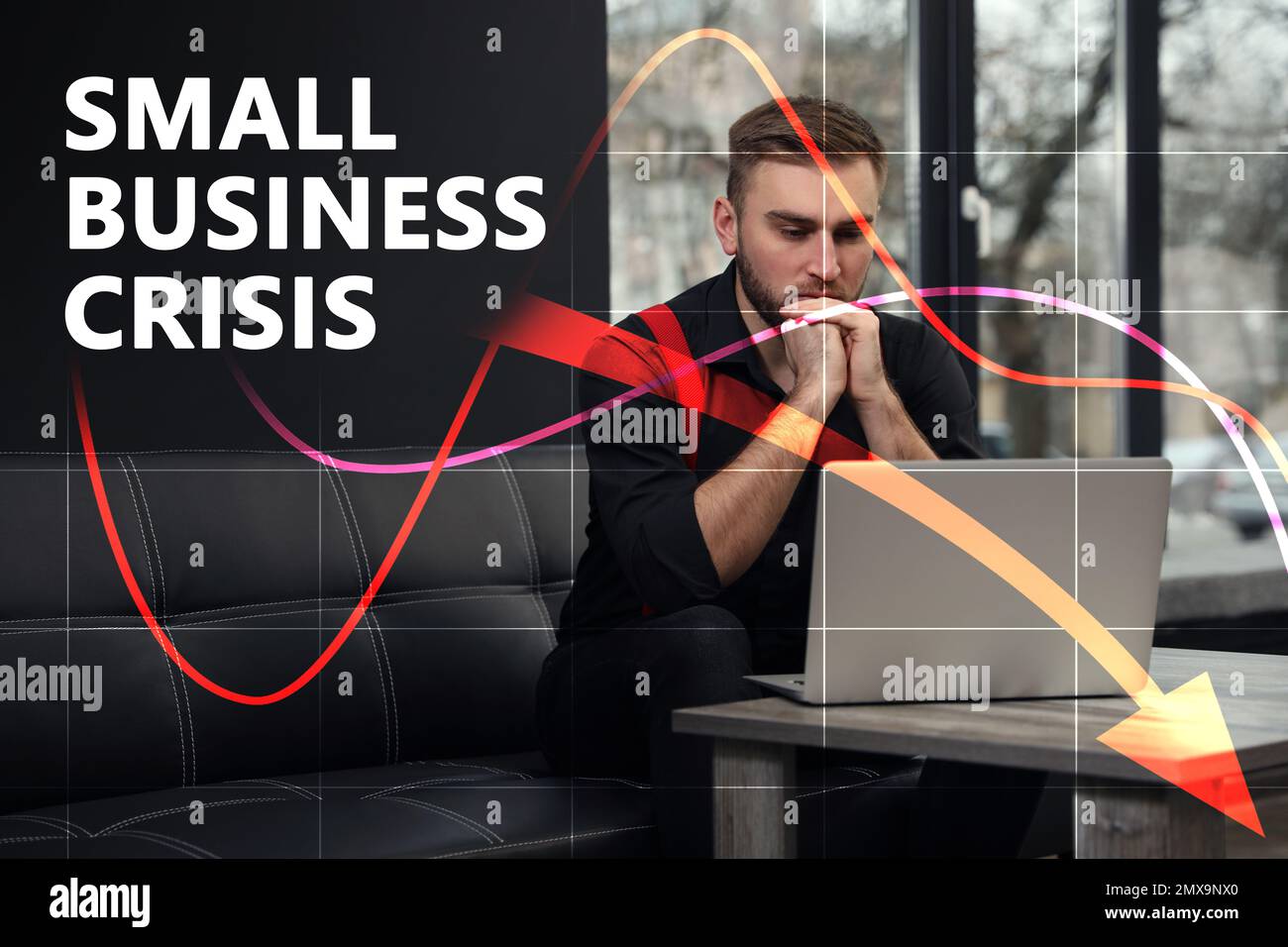 Double exposure of young man working with laptop in his salon and ...