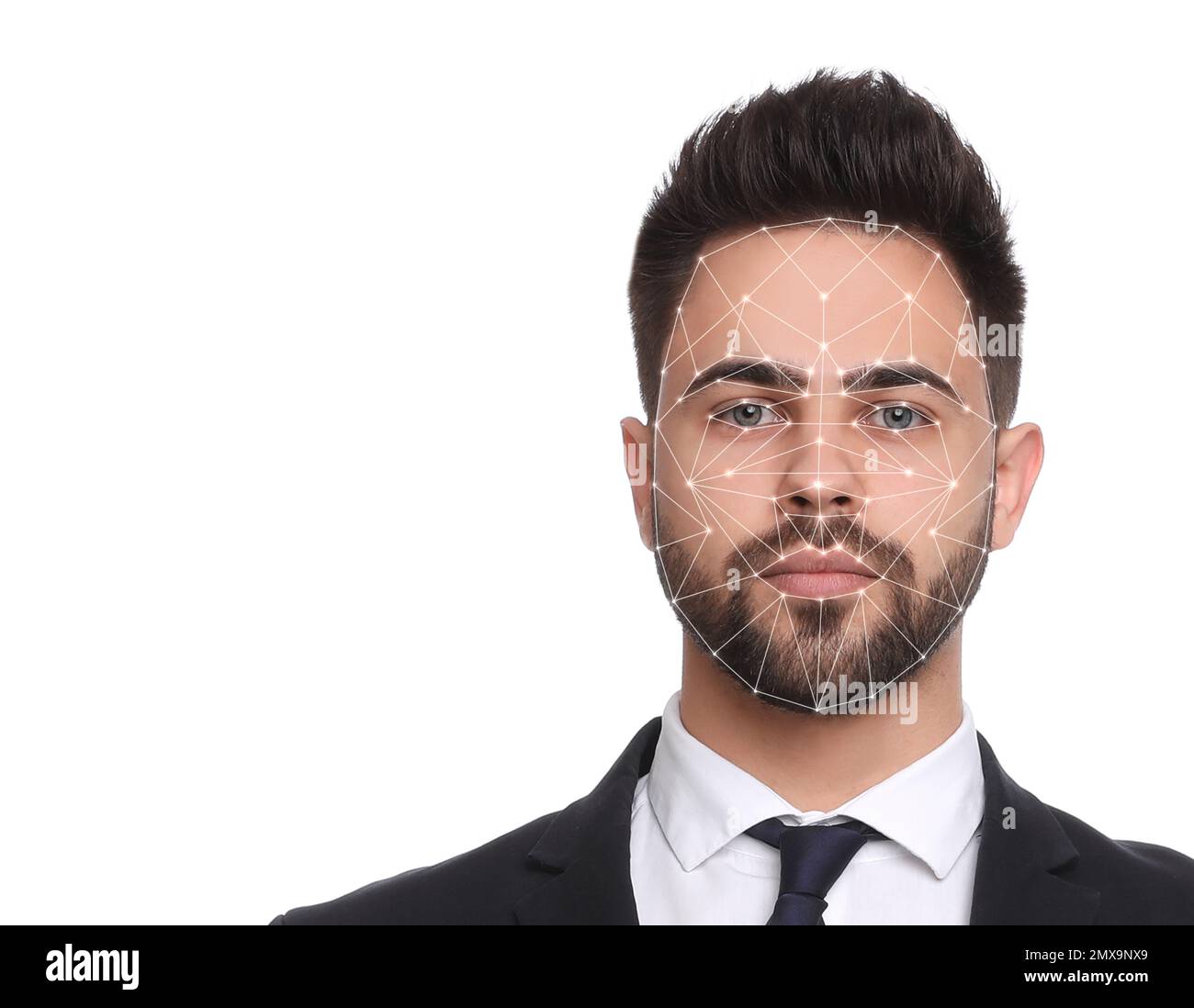 Facial recognition system. Young man with biometric identification ...
