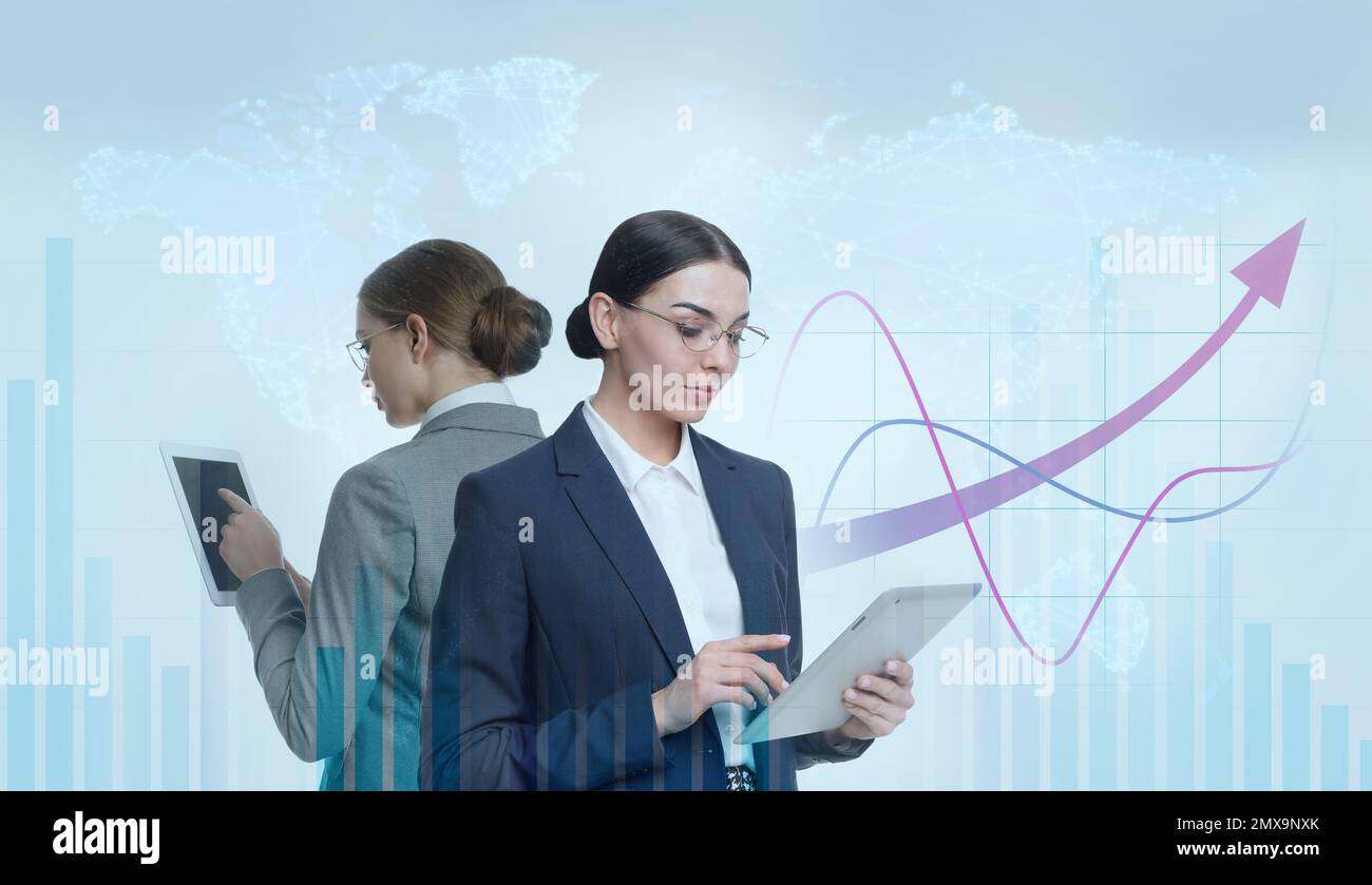 Forex trading. Charts with schemes, business women and world map on ...