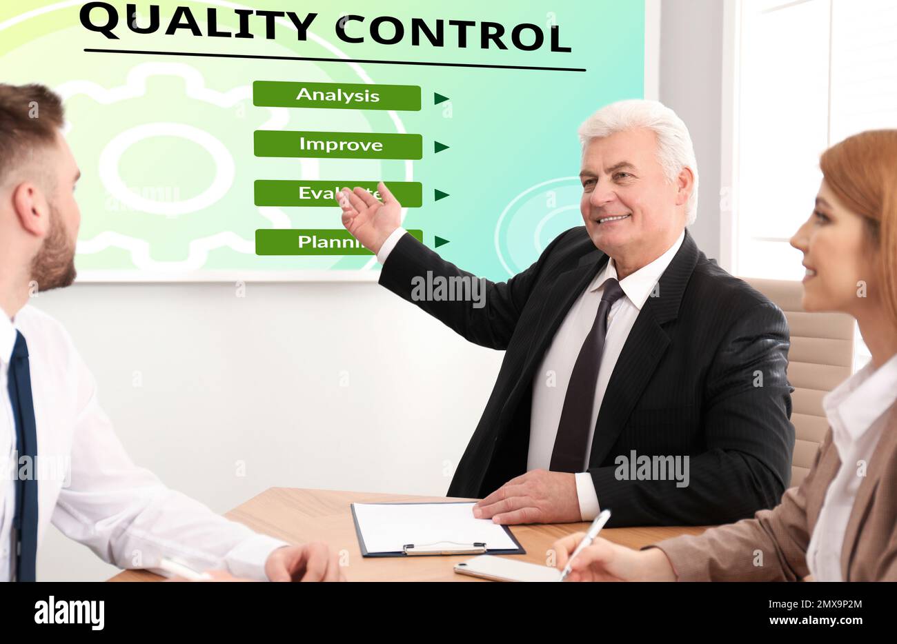 Business people having meeting about quality control Stock Photo - Alamy