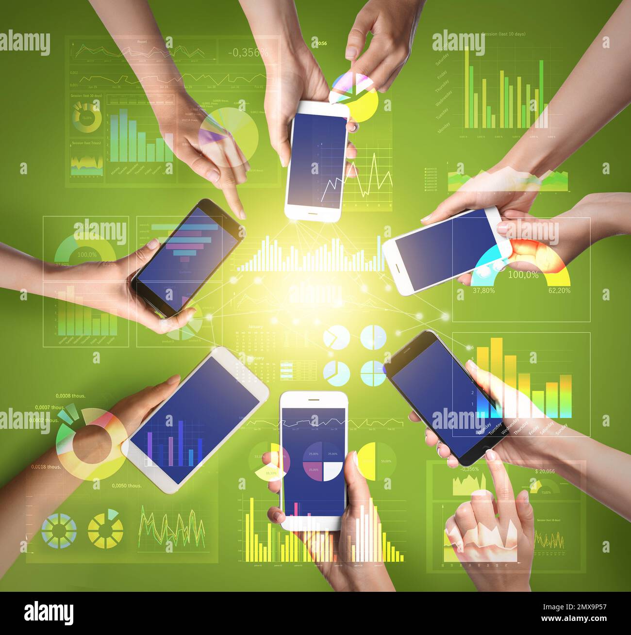 Financial technology and mobile communication concept. People working ...