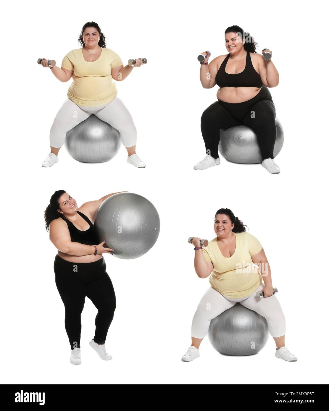Collage of overweight woman with fitball doing exercises on white ...