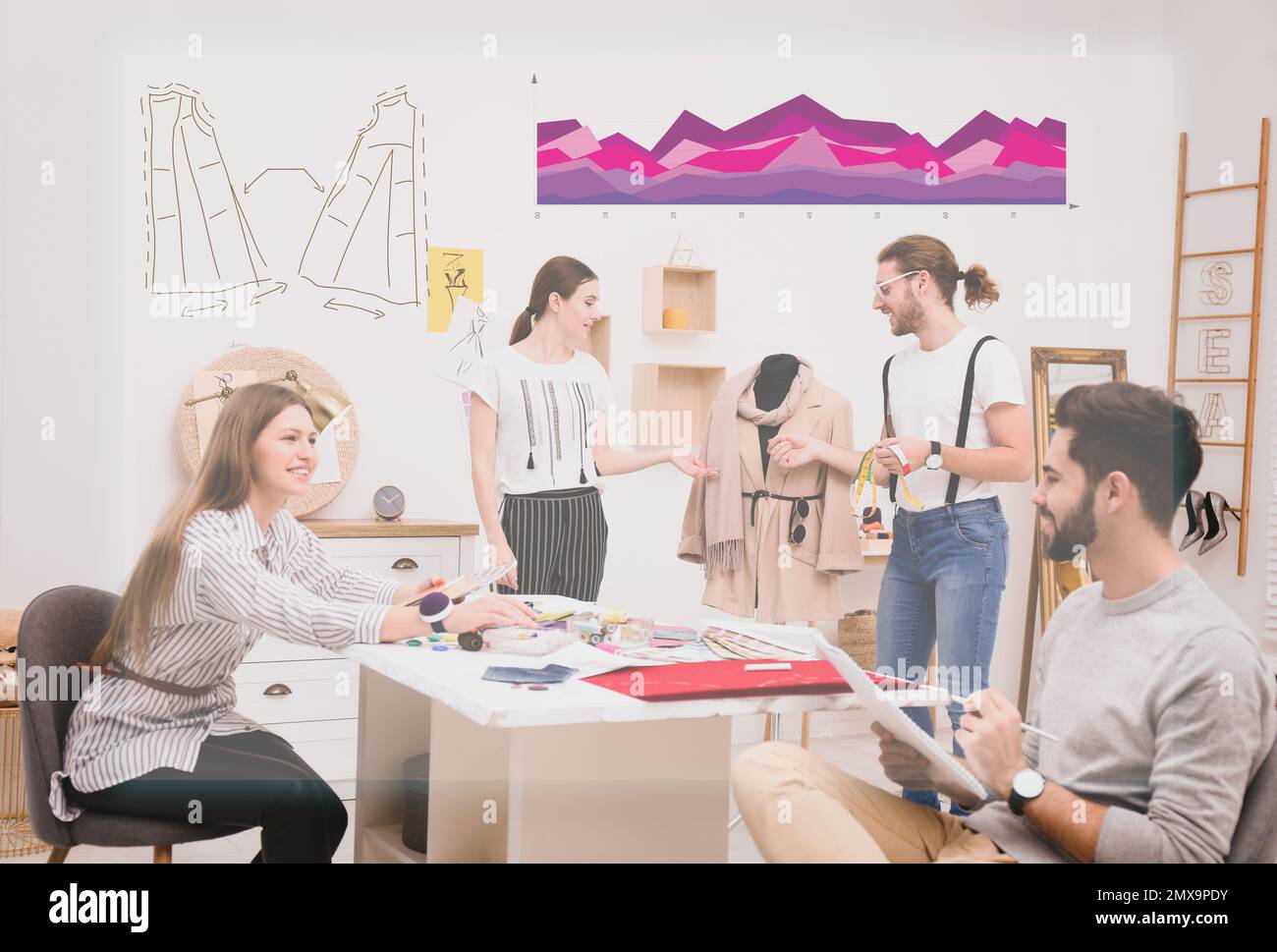 Fashion designers creating new clothes in studio and illustration of ...