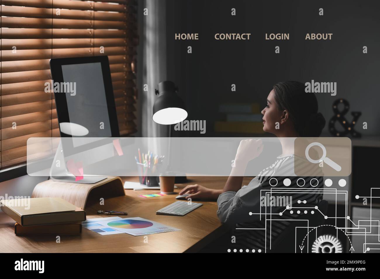 Search bar of internet browser and female designer working at desk in ...