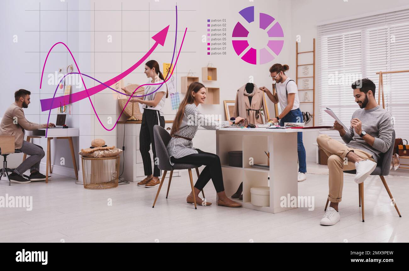 Fashion designers creating new clothes in studio and illustration of ...