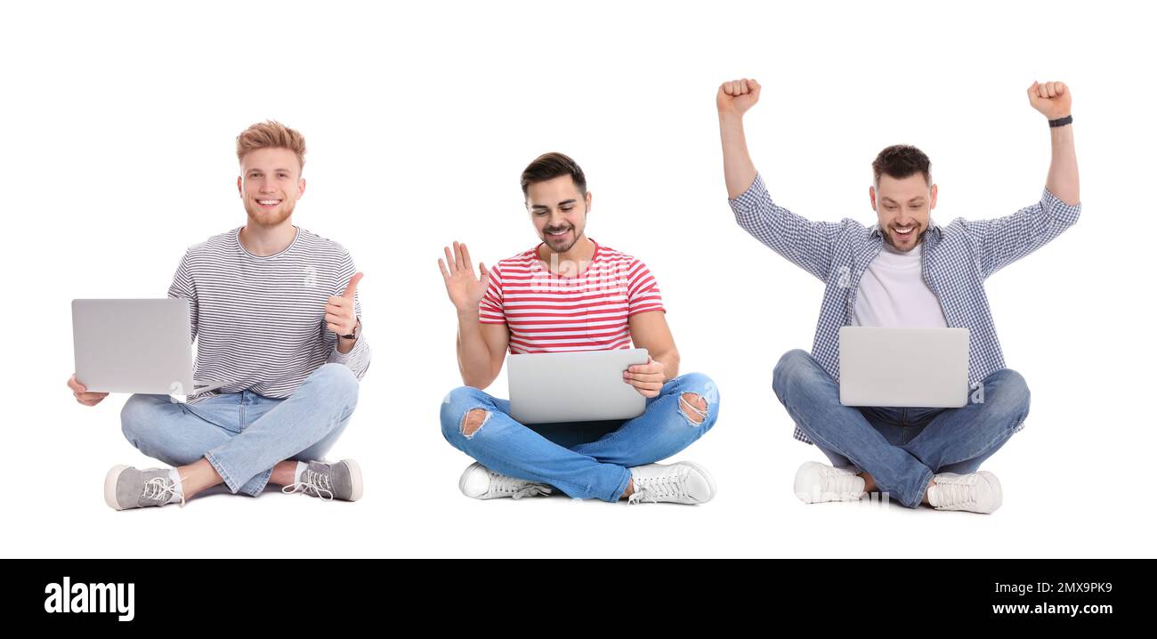 Collage of young men with laptops on white background. Banner design ...