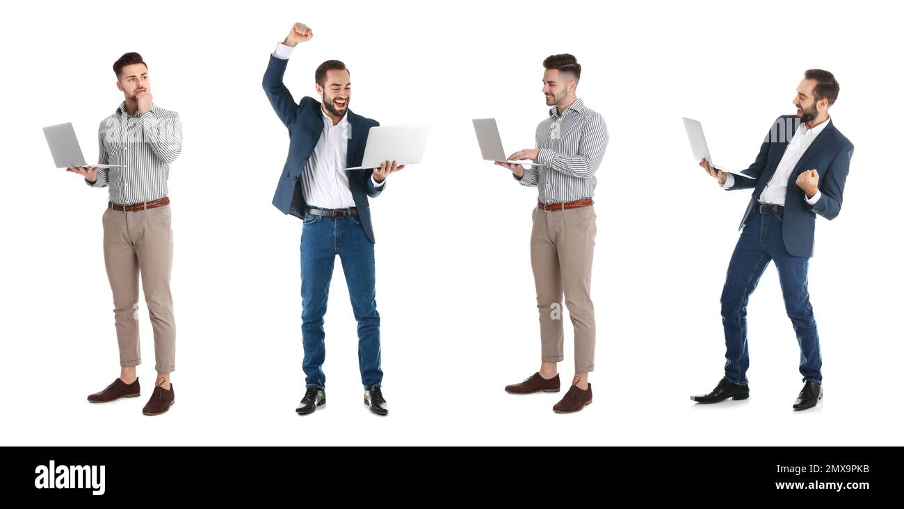Collage of young men with laptops on white background. Banner design ...