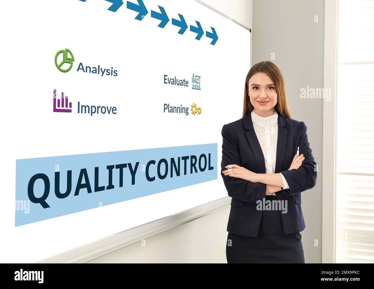 Quality control service. Businesswoman near whiteboard in office Stock ...