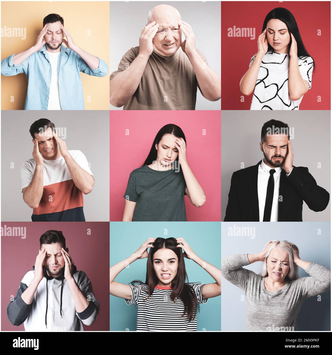 Collage with stressed people on different color backgrounds Stock Photo - Alamy