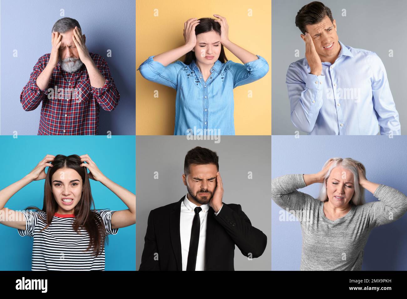 Collage with stressed people on different color backgrounds Stock Photo ...