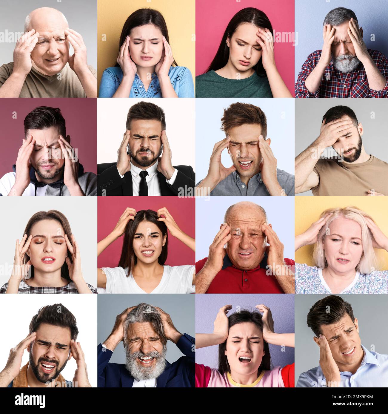 Collage with stressed people on different color backgrounds Stock Photo - Alamy