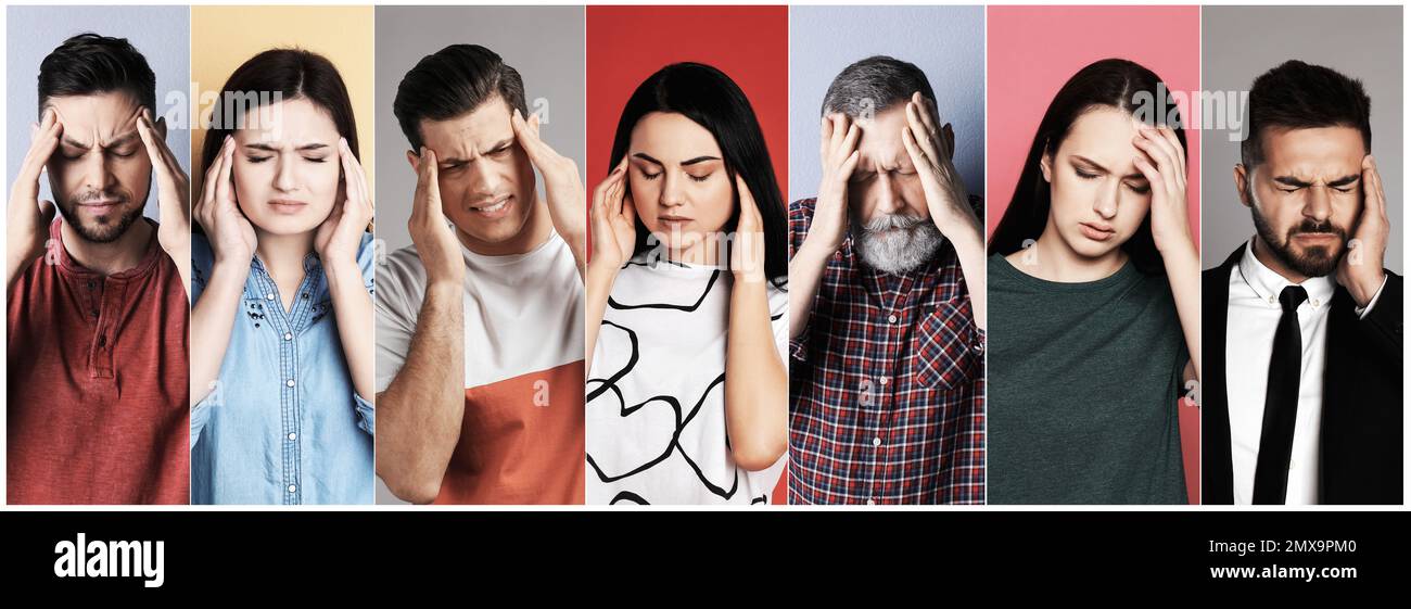 Collage with stressed people on different color backgrounds. Banner design Stock Photo - Alamy