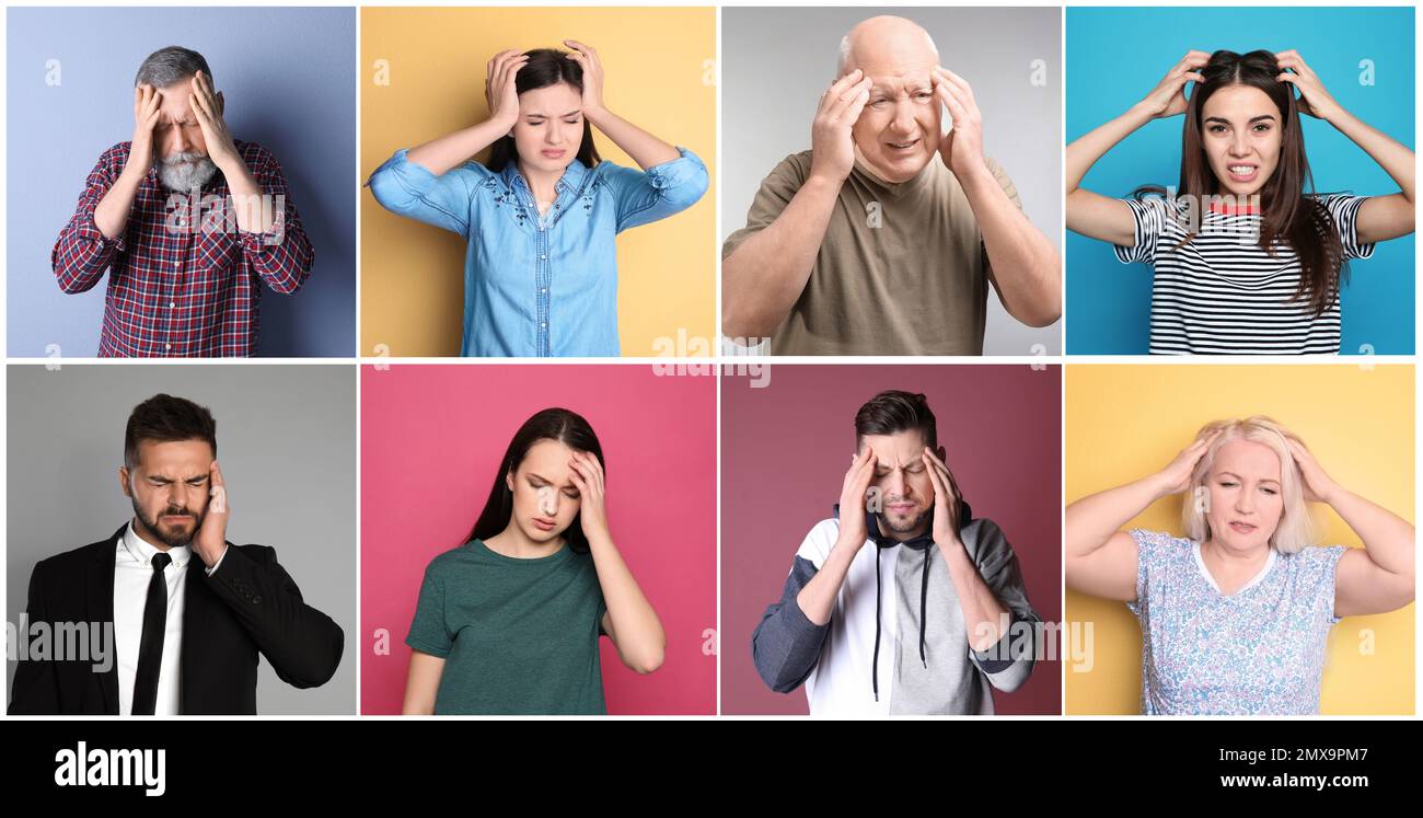 Collage with stressed people on different color backgrounds. Banner ...