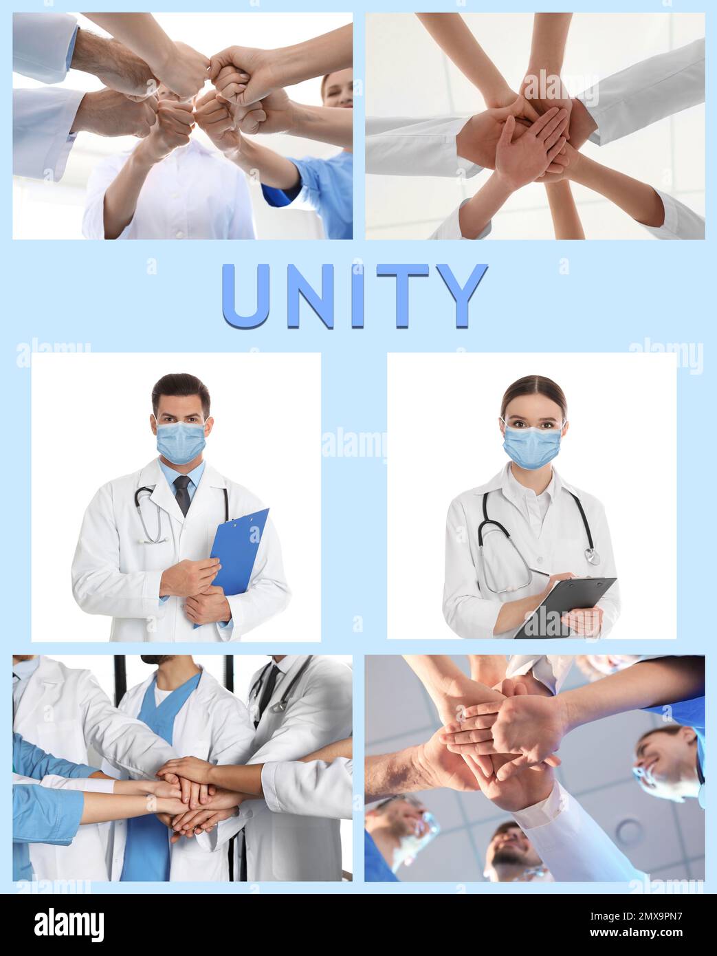 Unity concept. Collage with team of doctors wearing medical masks Stock ...
