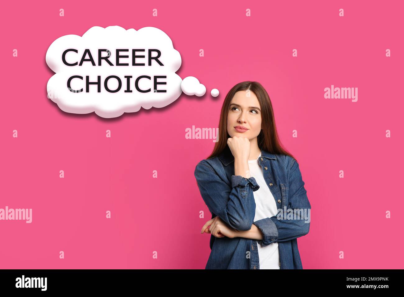 Woman thinking about career choice on pink background Stock Photo - Alamy
