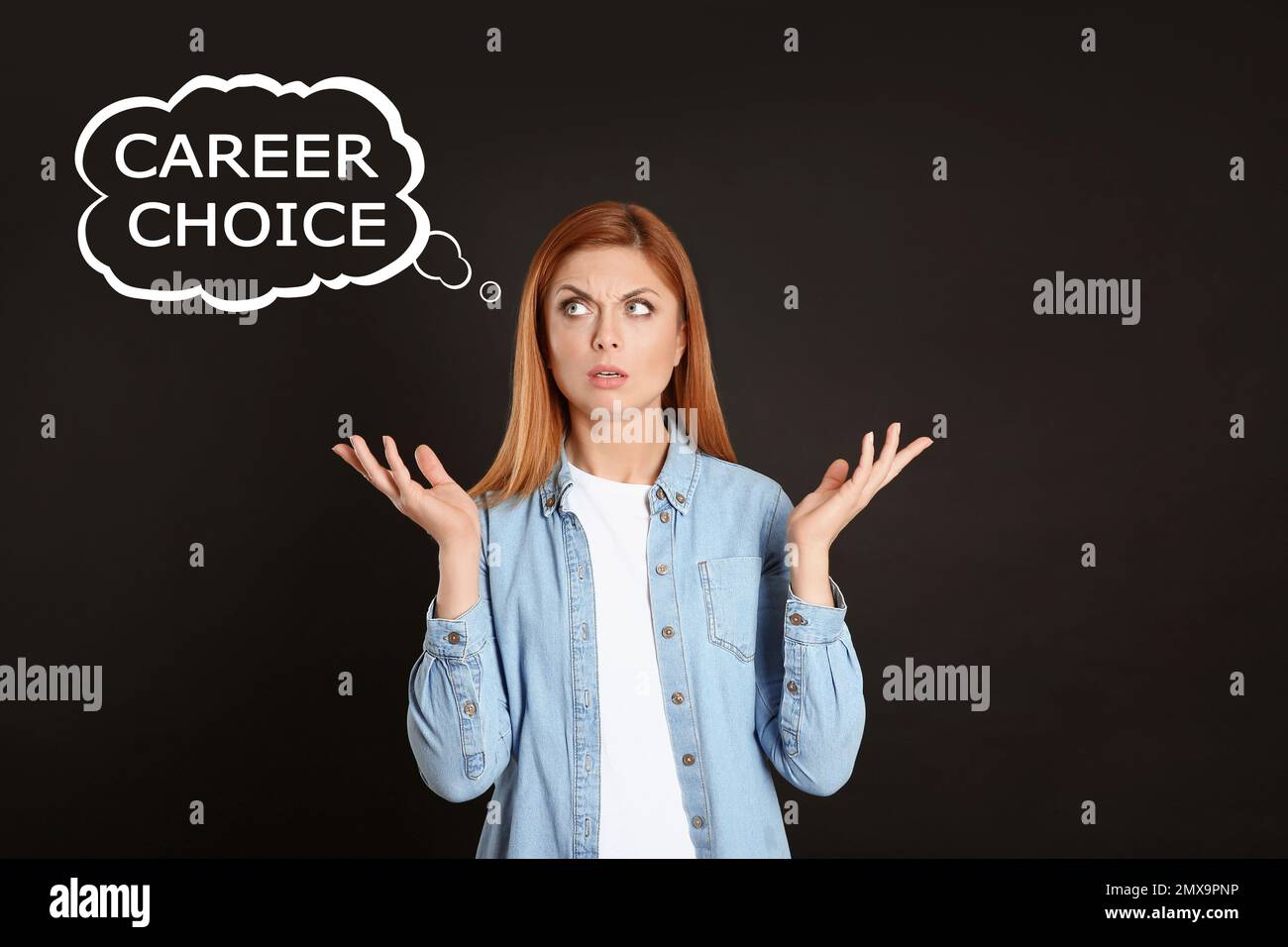 Woman thinking about career choice on black background Stock Photo - Alamy