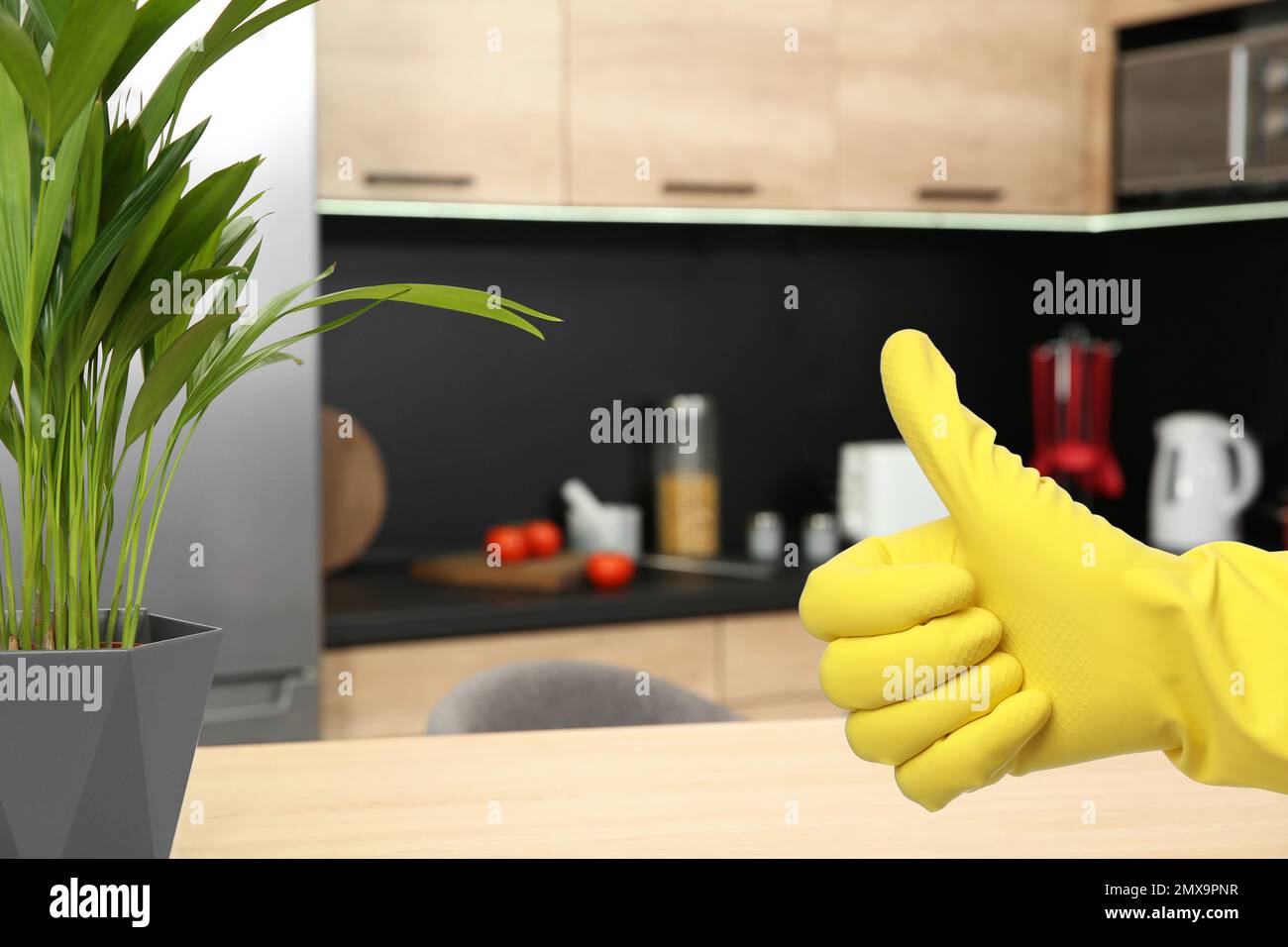 Keep your home virus-free. Woman showing thumb up in clean kitchen ...