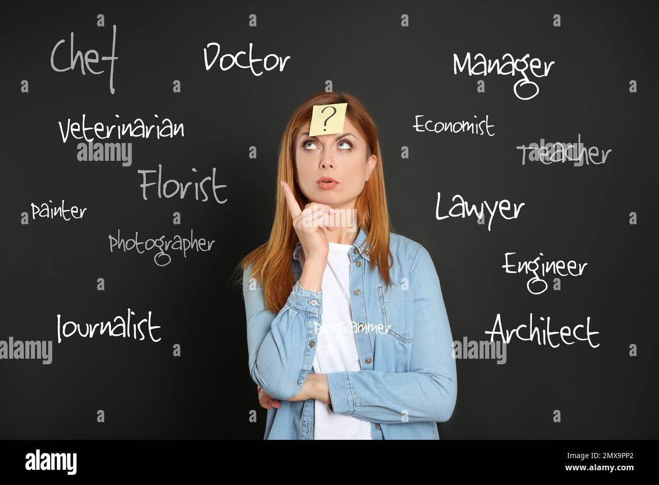 Thoughtful woman with question mark sticker on forehead choosing ...