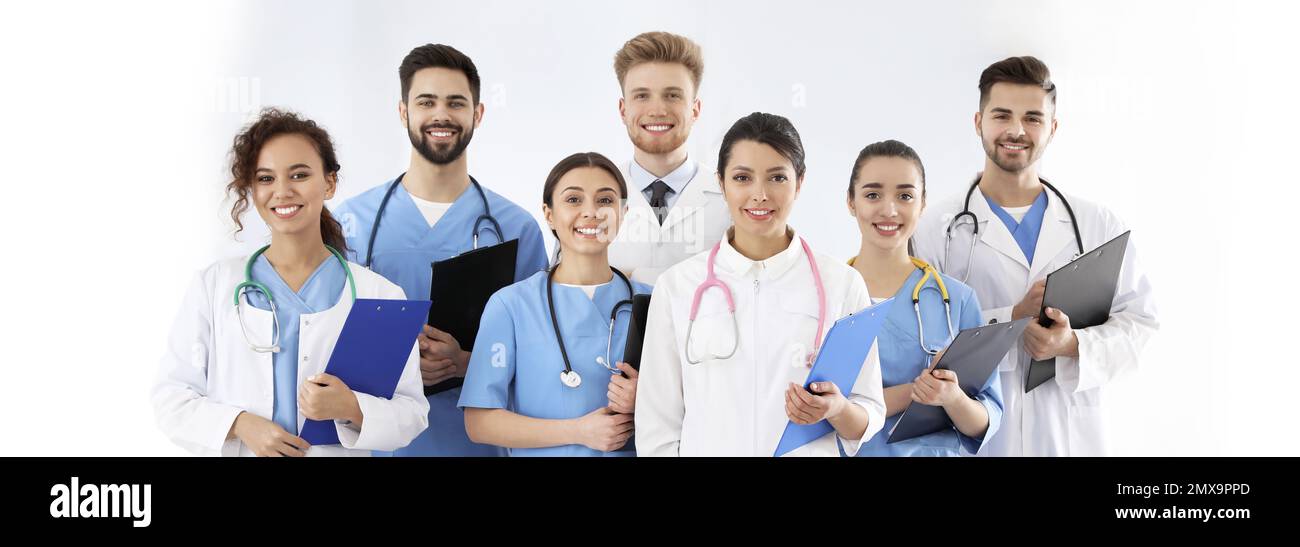 Team of medical workers on white background. Health care workers Stock ...