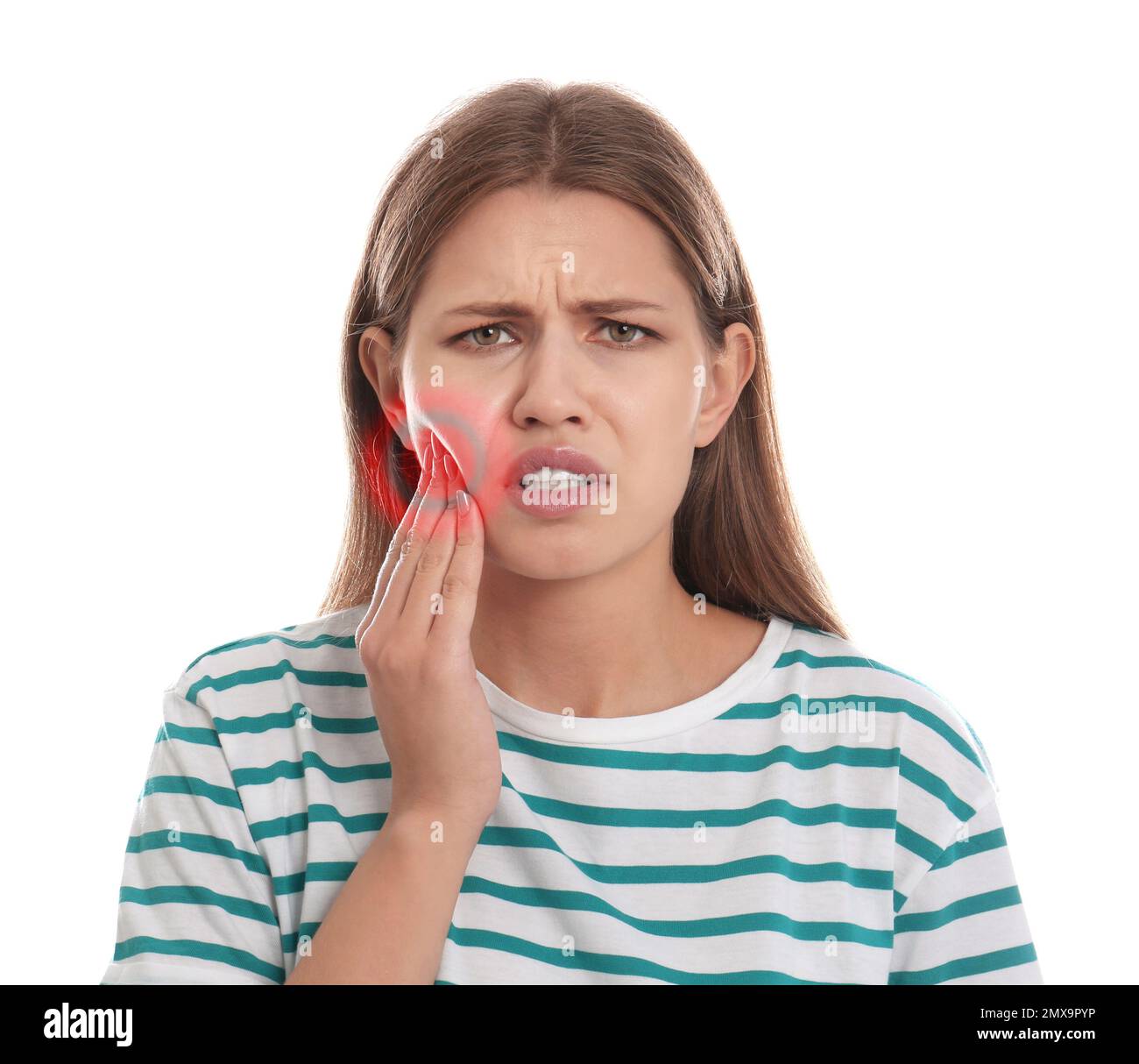 Young woman suffering from toothache on white background Stock Photo ...