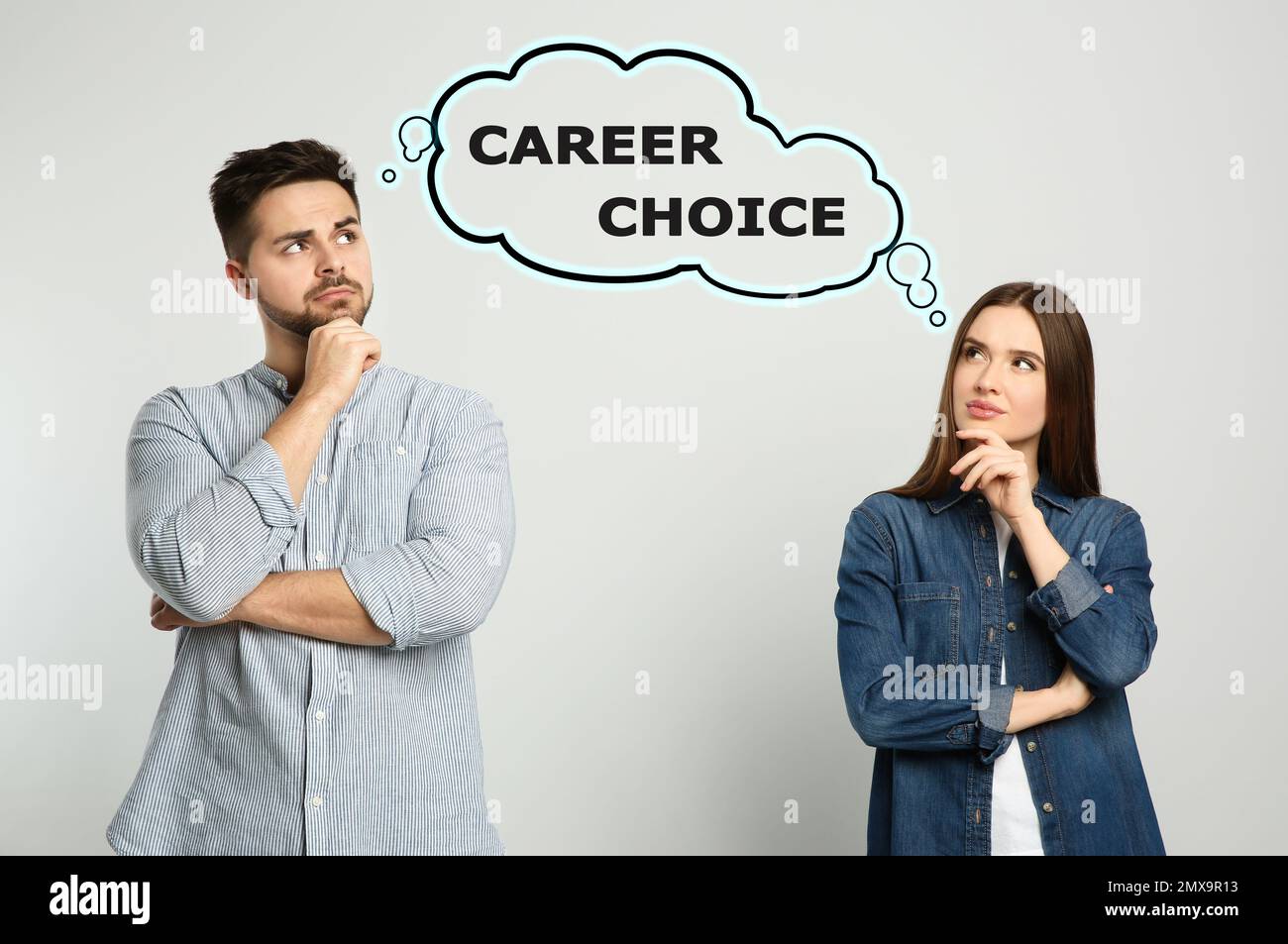 Young people thinking about career choice on light background Stock ...