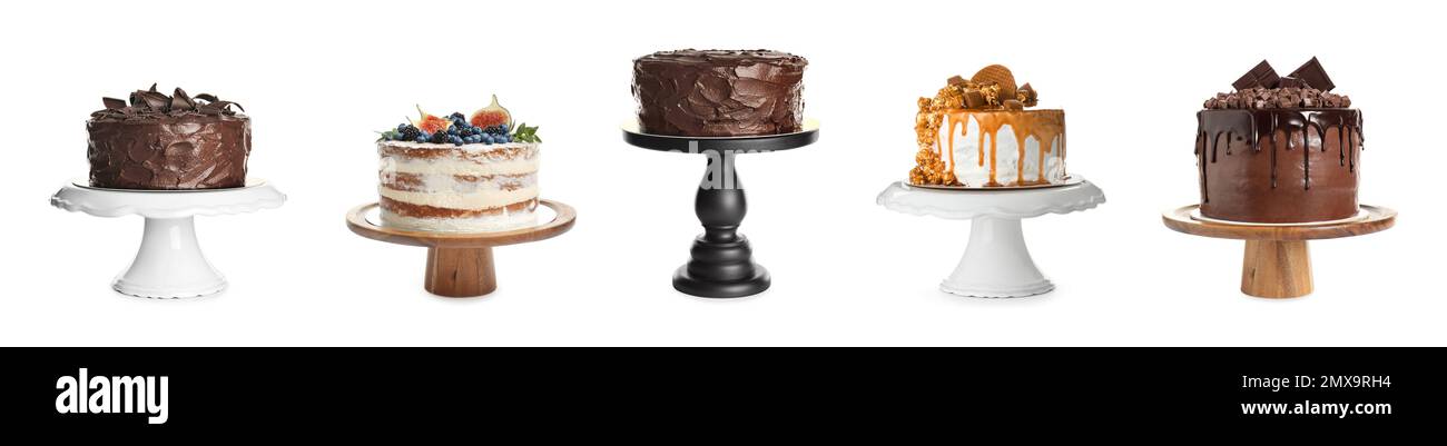 Set of different delicious cakes on white background. Banner design ...