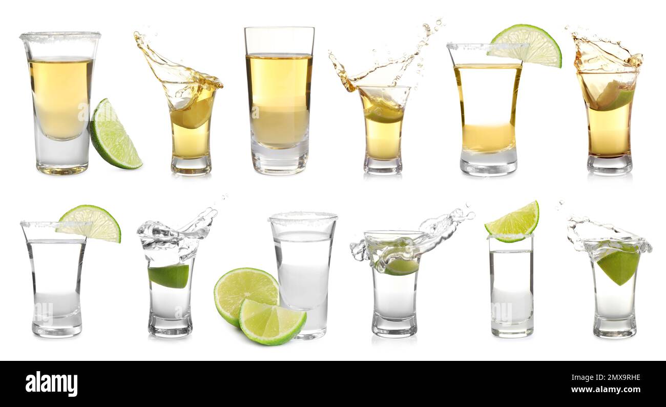 Set of different Mexican Tequila shots on white background Stock Photo ...