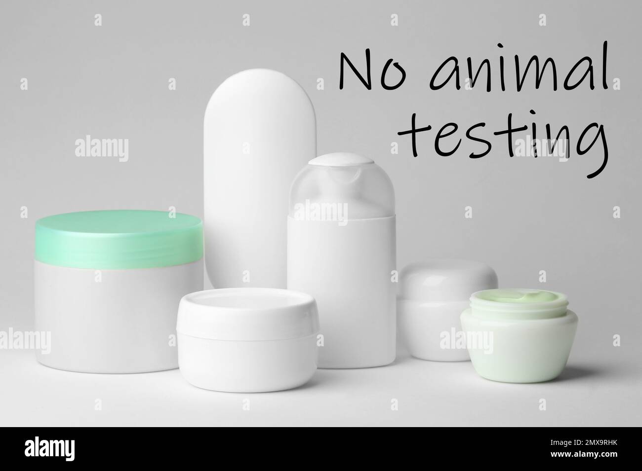 Cosmetic products and text NO ANIMAL TESTING on light background Stock ...