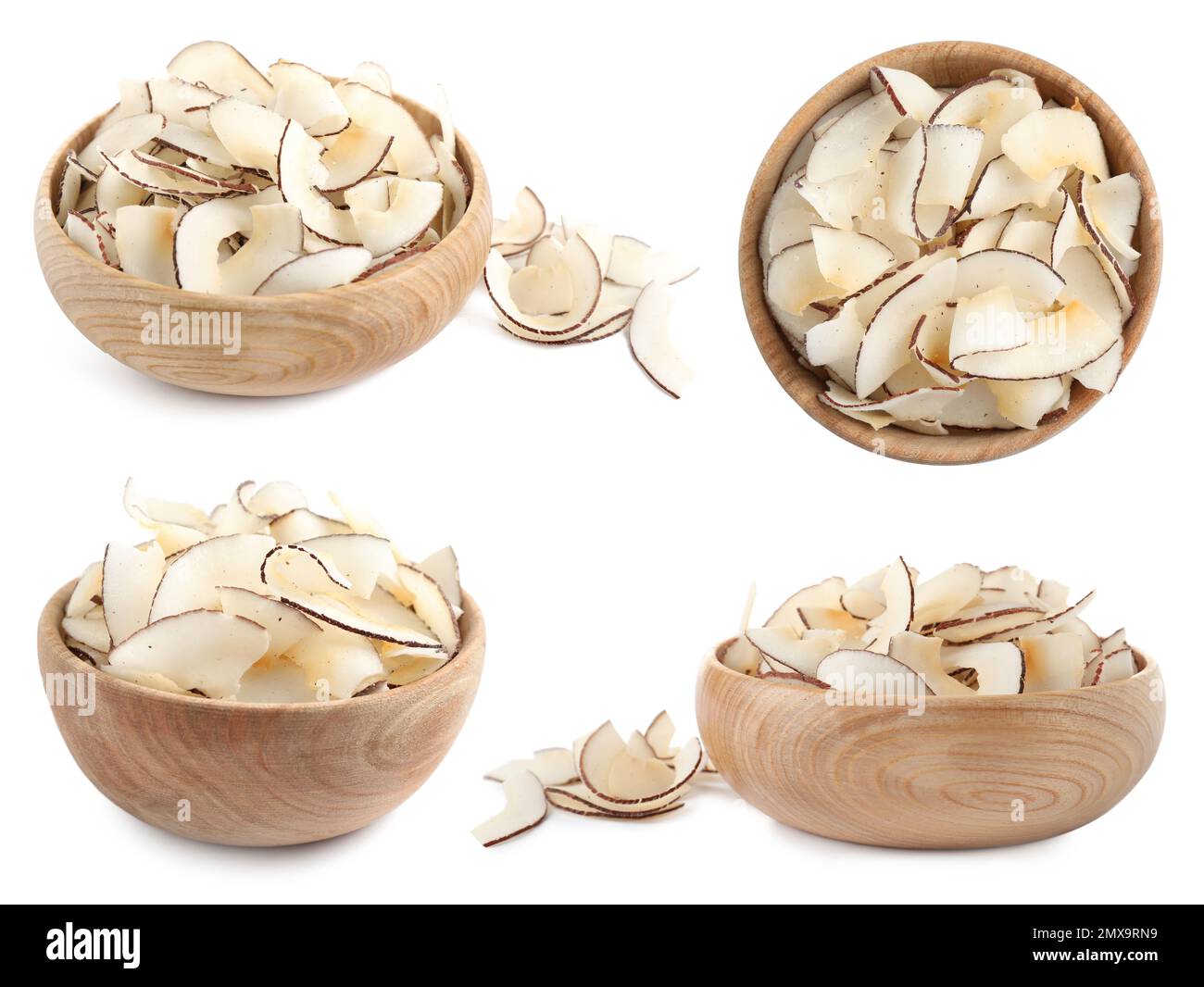 Set of tasty coconut chips in wooden bowls isolated on white Stock ...