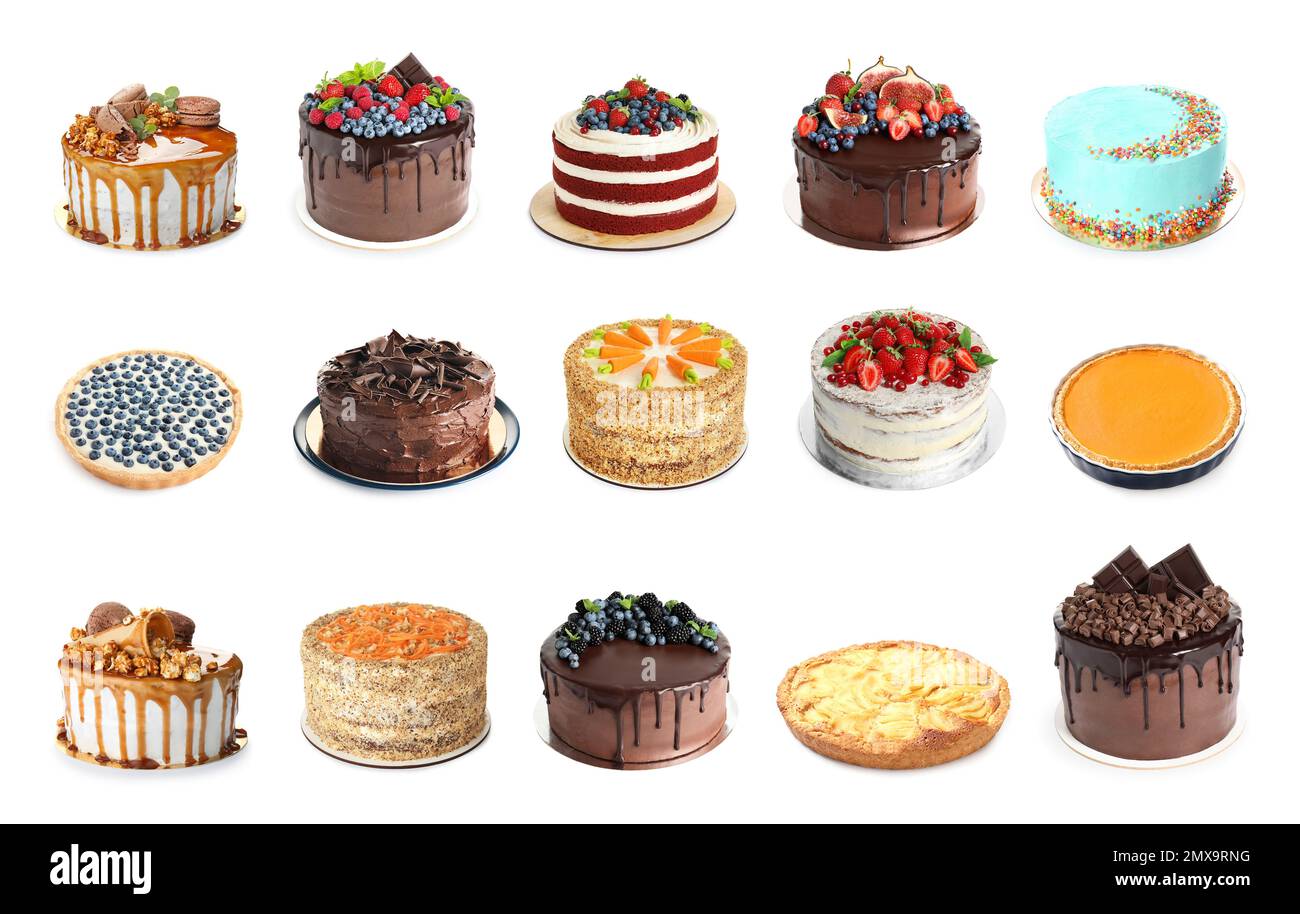Set of different delicious cakes isolated on white Stock Photo - Alamy