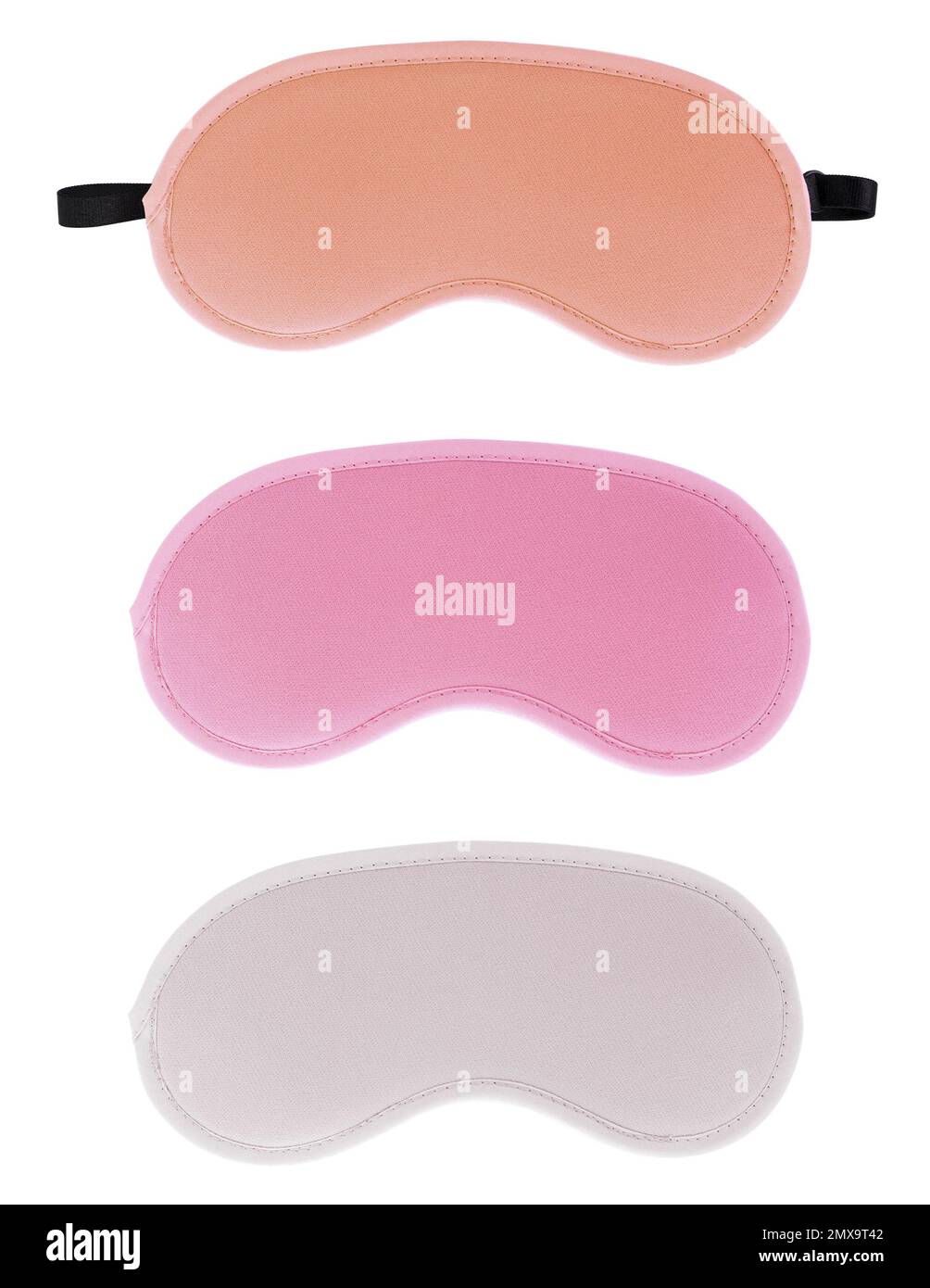 Set of different sleeping eye masks on white background, top view ...
