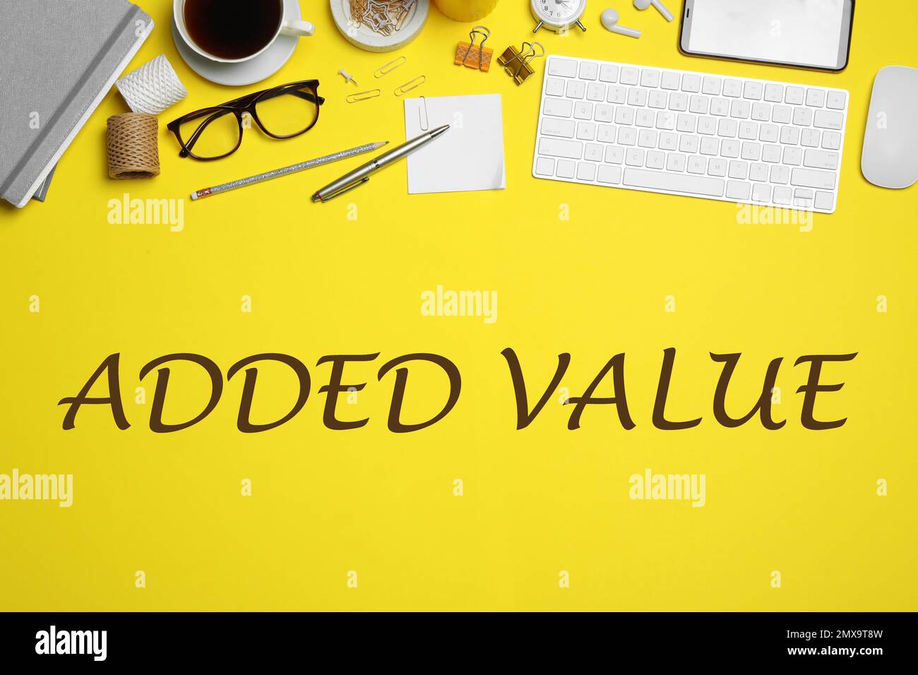 Added value concept. Flat lay composition with computer accessories and ...