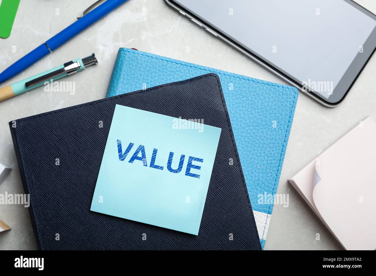 Core values concept. Flat lay composition with stationery on white ...