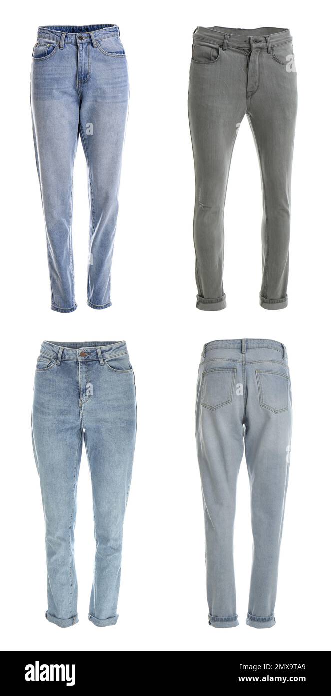 Set with stylish jeans on white background Stock Photo - Alamy