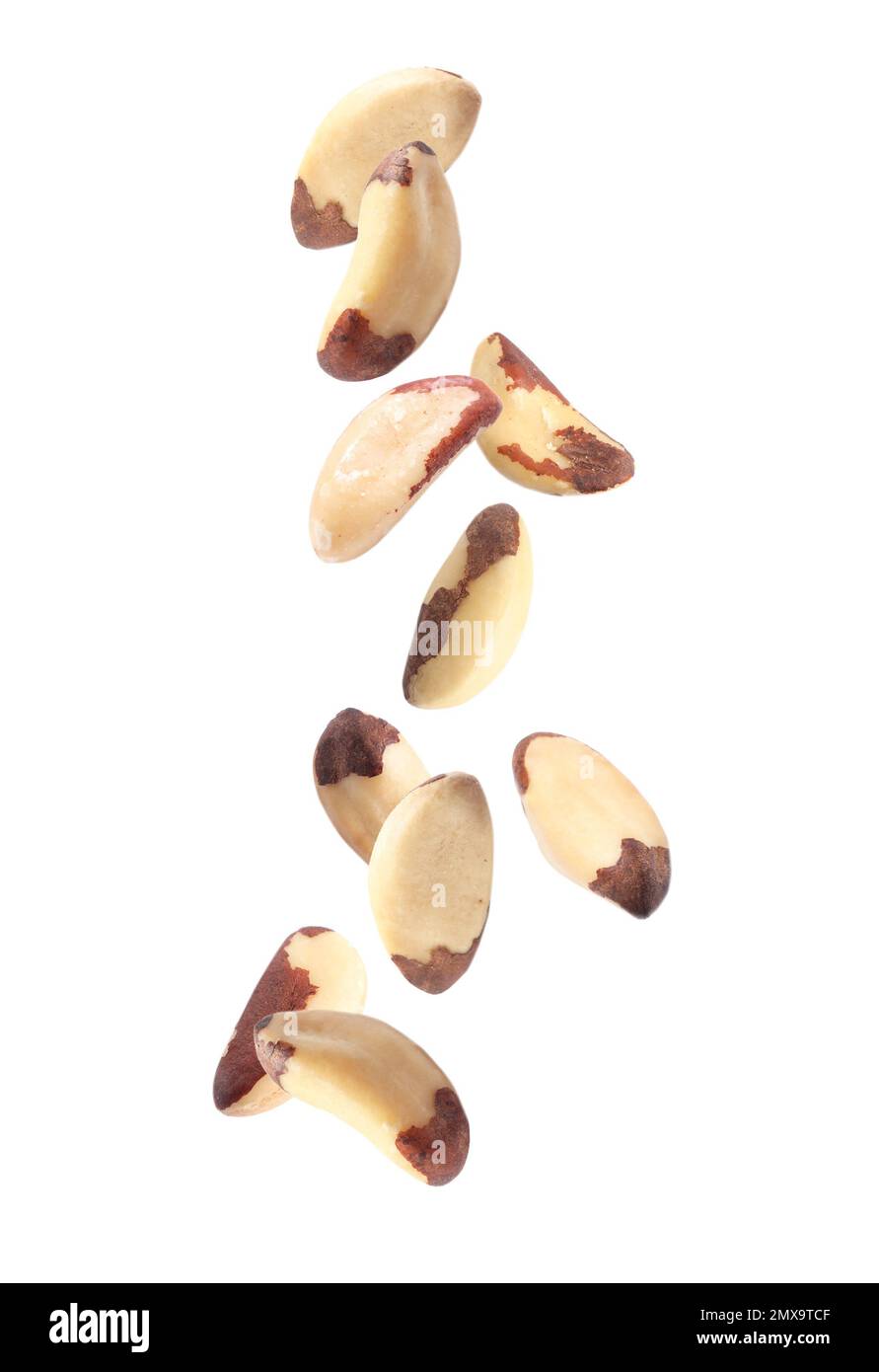 Delicious Brazil nuts falling on white background Stock Photo - Alamy