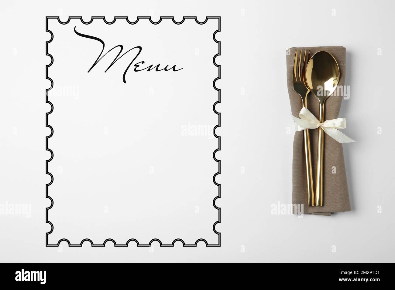 Cutlery set and empty menu on white background, top view. Space for ...