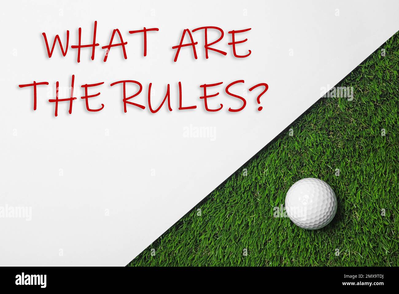 Paper with text WHAT ARE THE RULES and golf ball on grass, top view ...