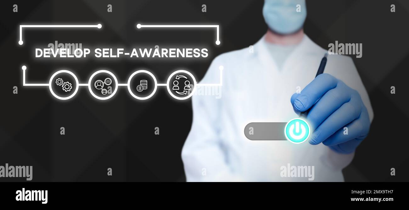 Text caption presenting Develop Self Awareness. Word for Improve sharp ...