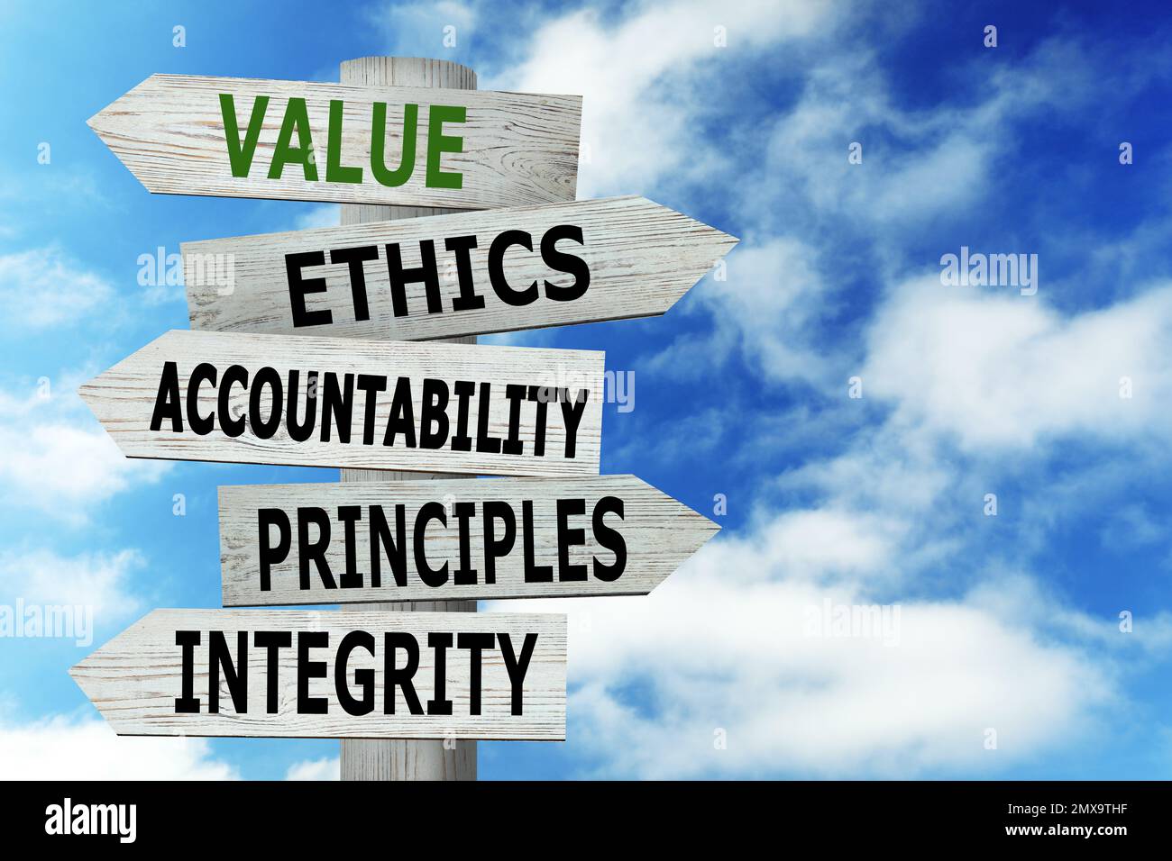 Moral values concept. Wooden signpost with different directions against ...