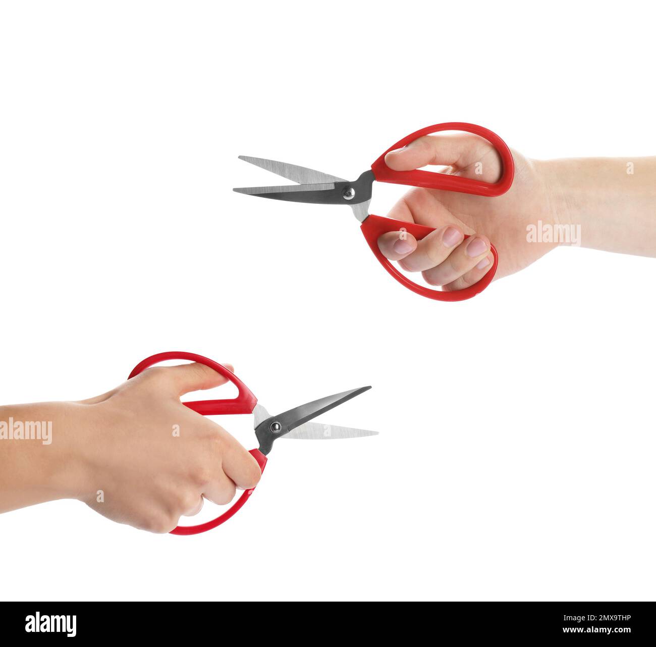 Collage of man holding sewing scissors on white background, closeup ...