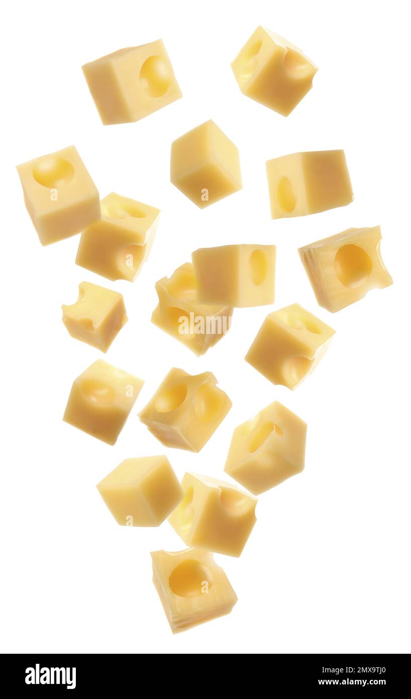 Collage with cubes of cheese falling on white background Stock Photo ...