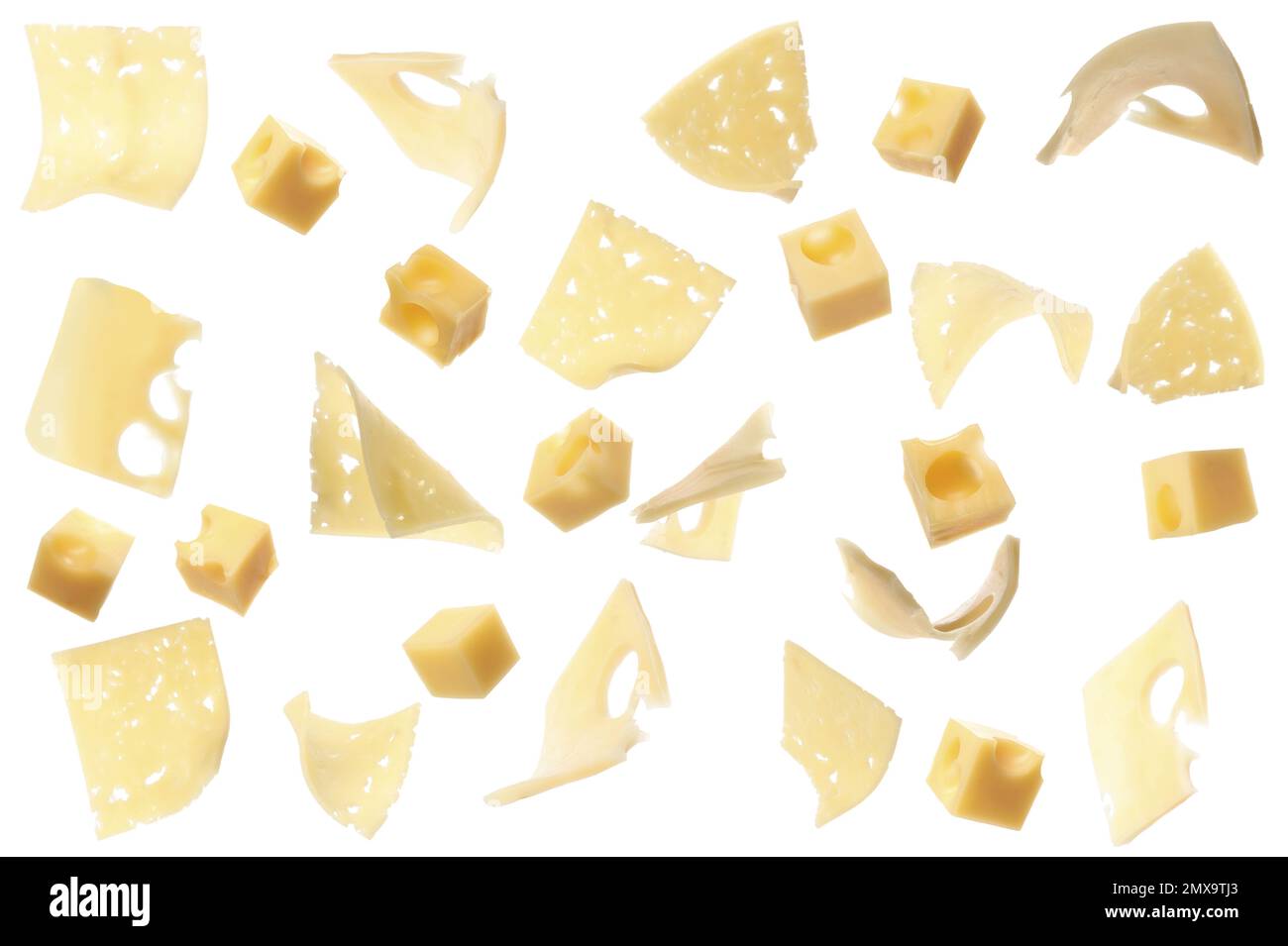 Collage with pieces of cheese falling on white background Stock Photo ...