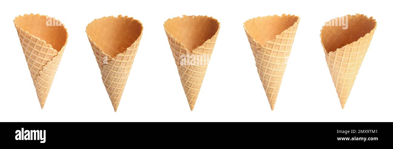 Set of empty wafer ice cream cones on white background. Banner design ...