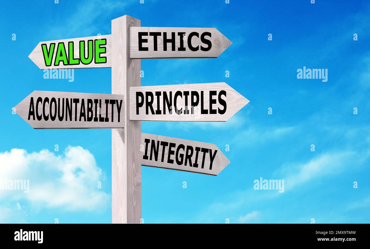 Moral values concept. Wooden signpost with arrows pointing different ...