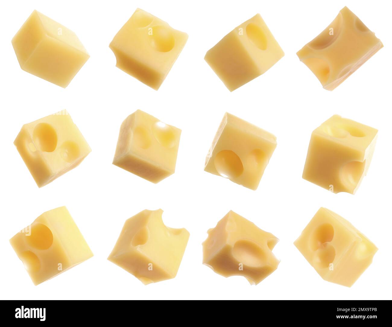 Set of delicious cheese cubes on white background Stock Photo - Alamy