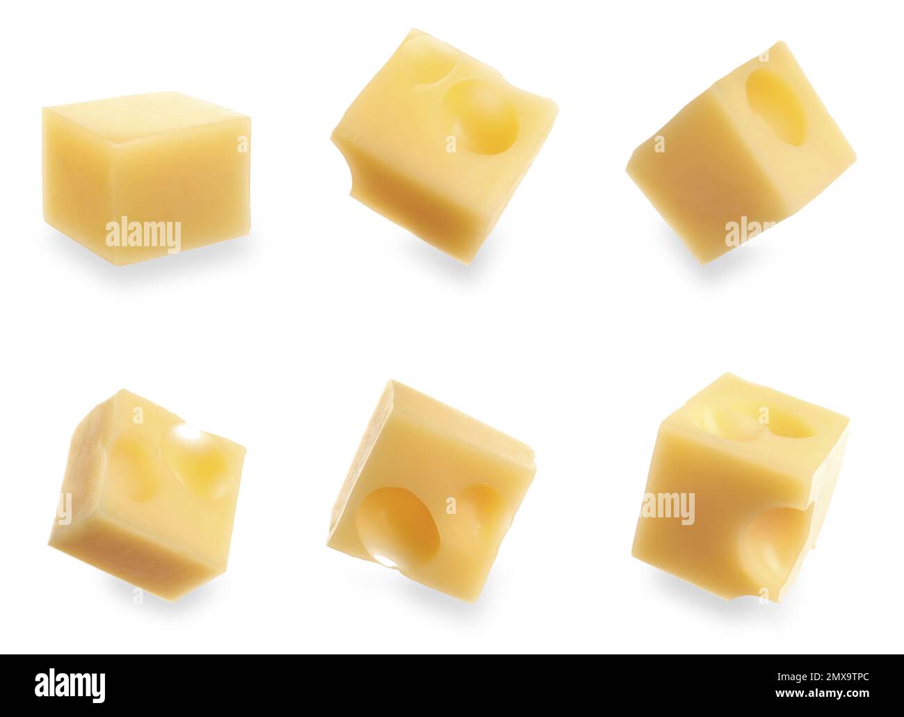 Set of delicious cheese cubes on white background Stock Photo - Alamy