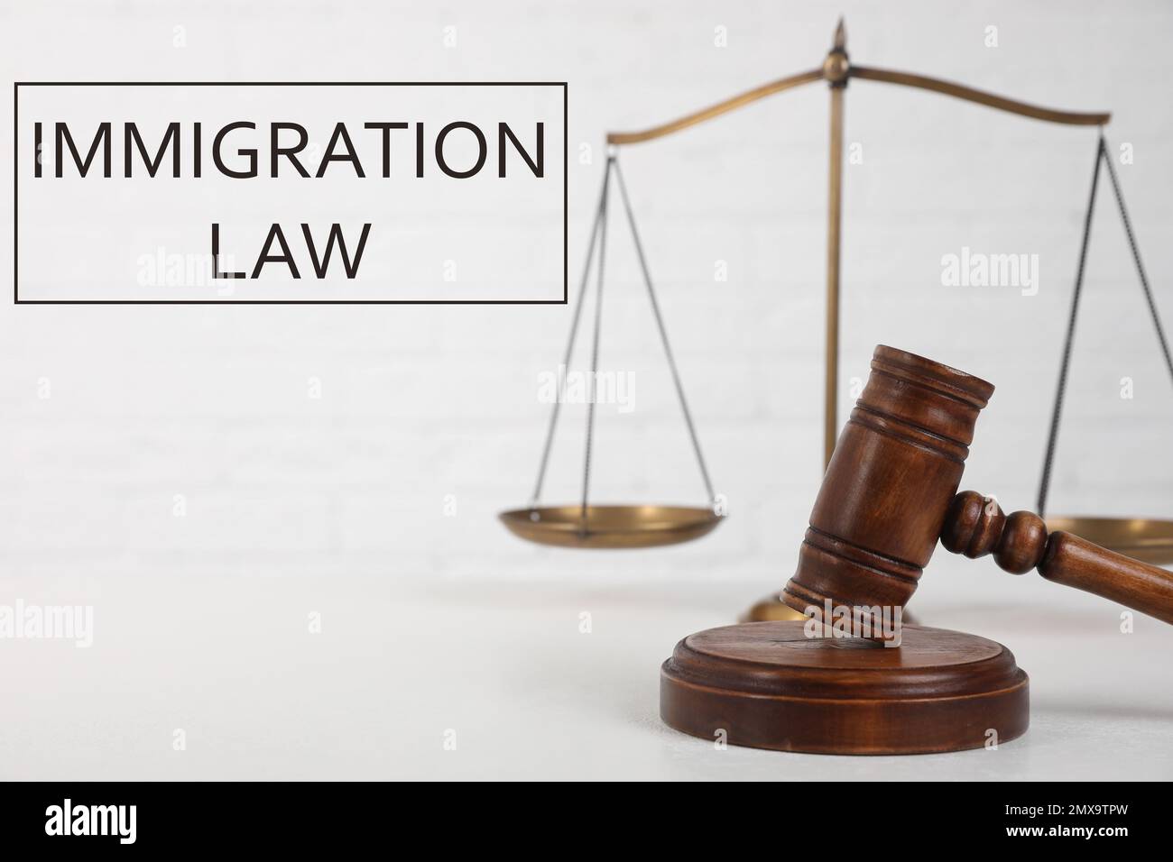 Judge's gavel, scales and words IMMIGRATION LAW on light background ...
