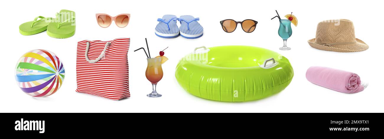 Set of items needed in summer vacation on white background. Banner ...
