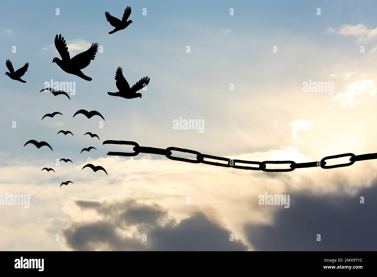 Freedom concept. Silhouettes of broken chain and birds flying in blue ...