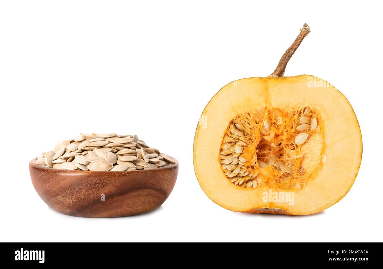 Raw pumpkin and seeds on white background Stock Photo - Alamy